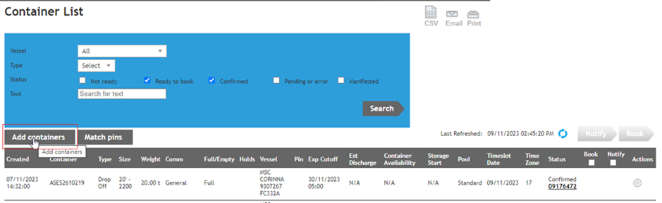 OptiBook - How to add containers via the Container List screen – Help Centre